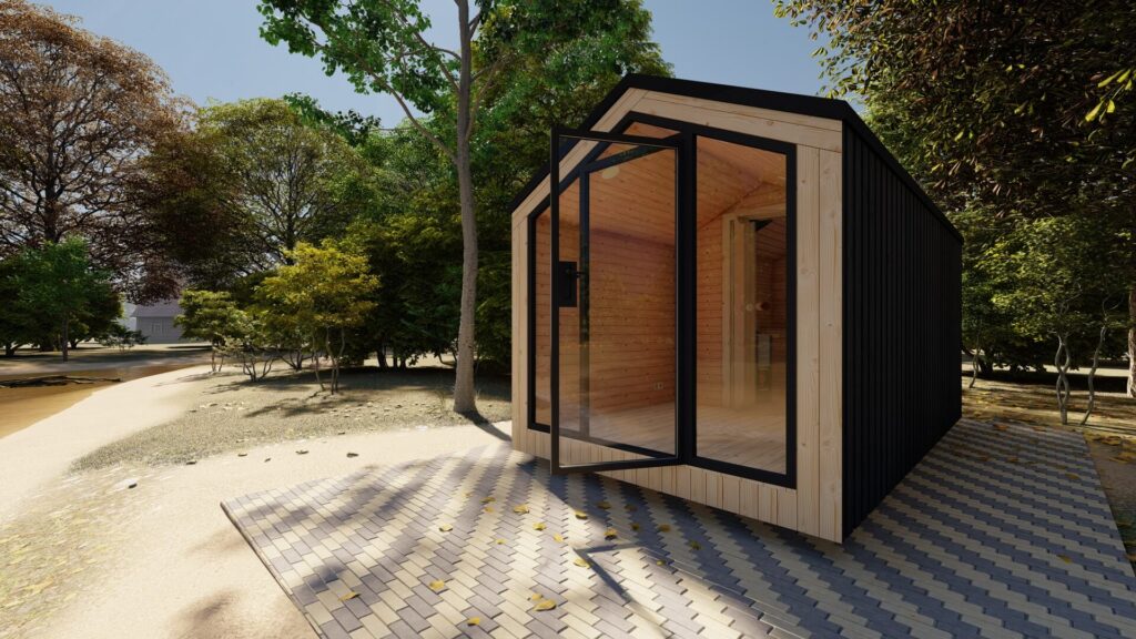 Scandinavian design frame sauna with black window frames 450245 / 11 m2 ...