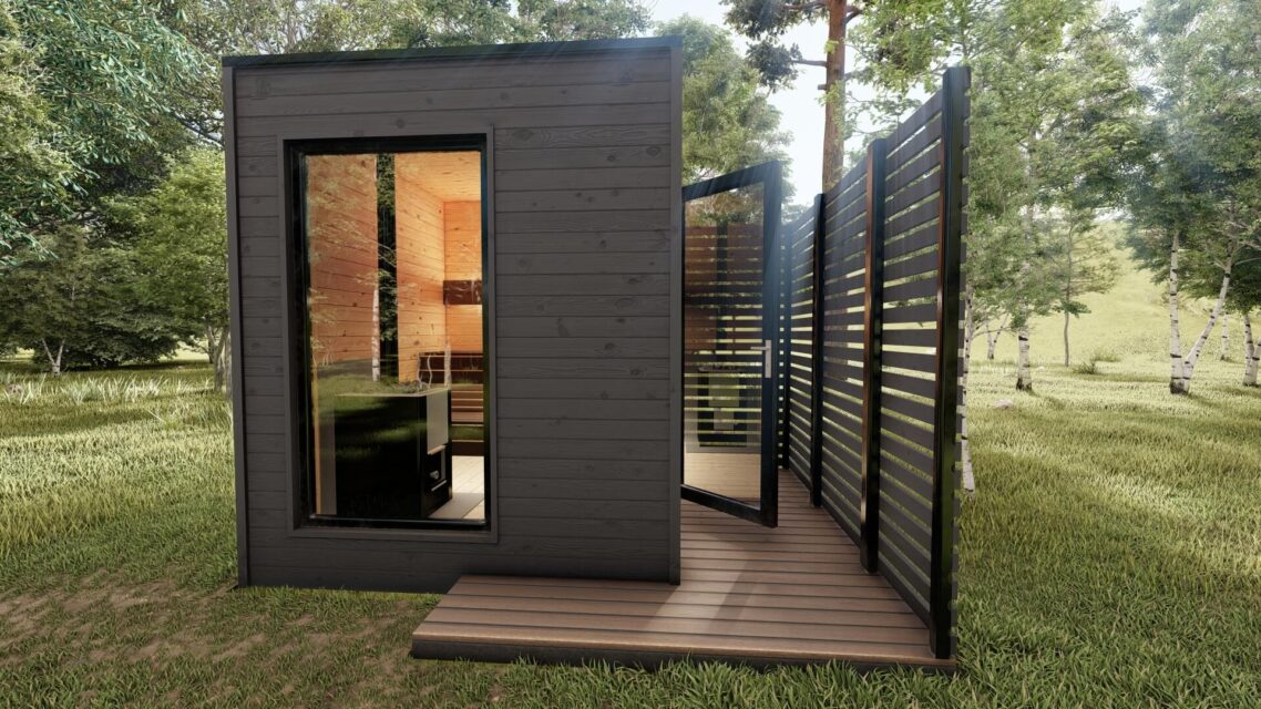 Juoda mini karkasinė pirtis su terasa bei tvorele 2,2 x 2,2 m / 4,84 m2 ...
