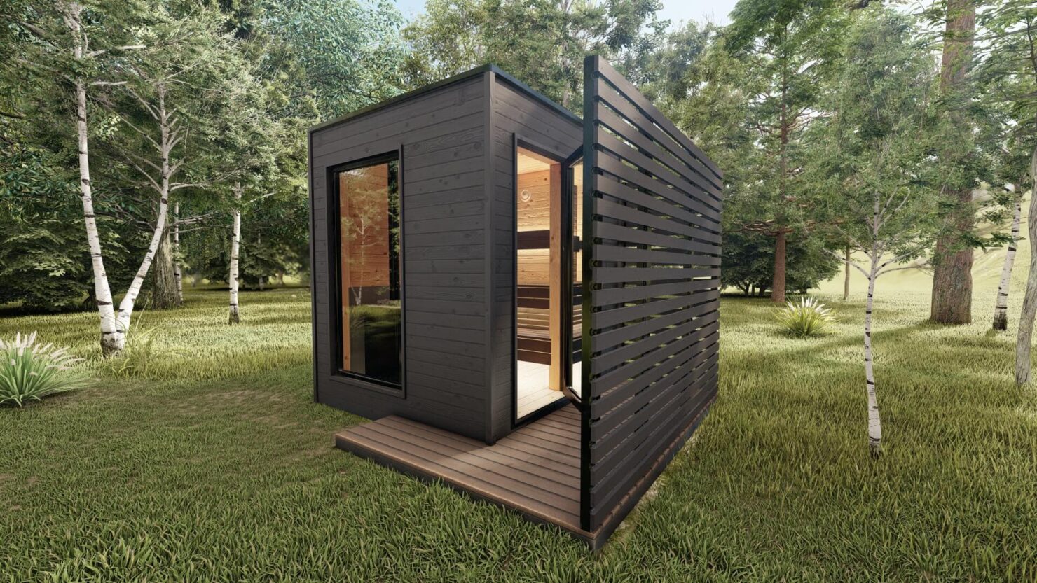 Juoda mini karkasinė pirtis su terasa bei tvorele 2,2 x 2,2 m / 4,84 m2 ...