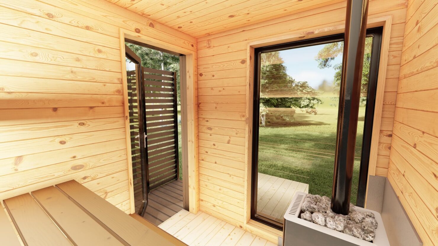 Juoda mini karkasinė pirtis su terasa bei tvorele 2,2 x 2,2 m / 4,84 m2 ...