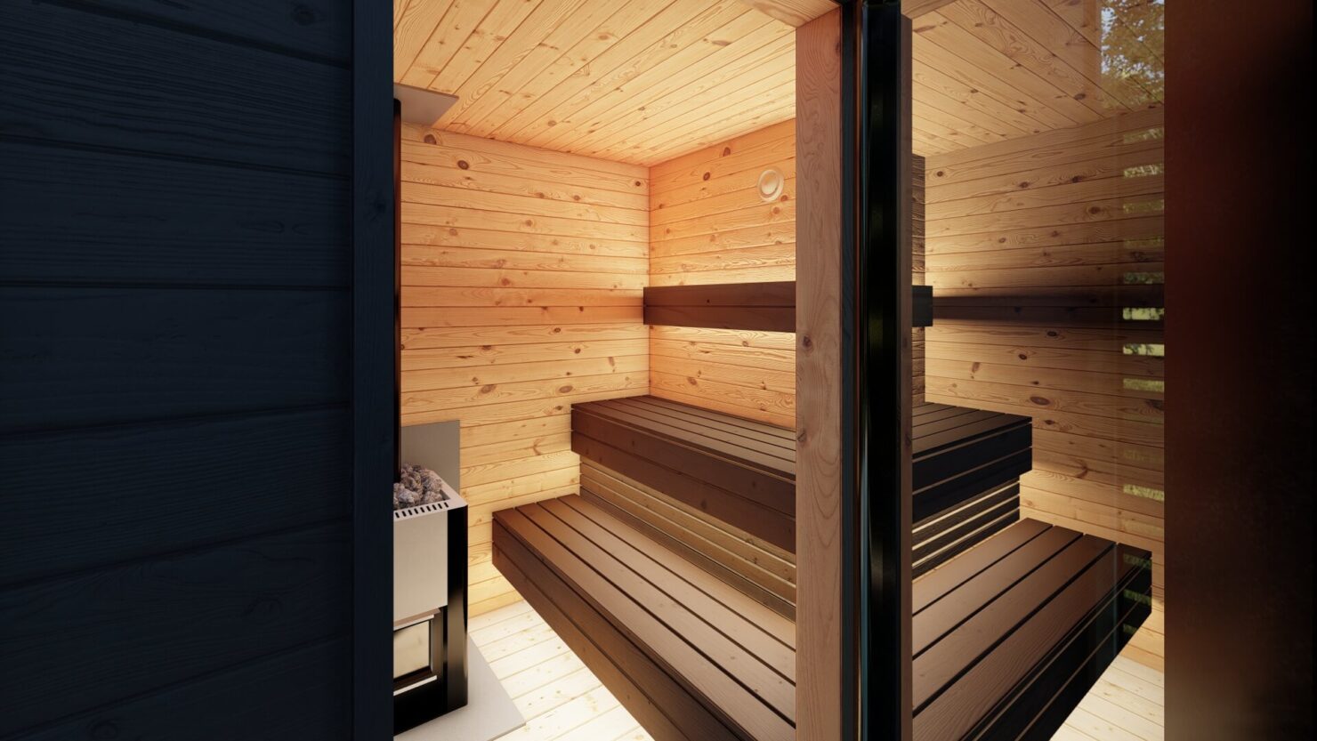 Juoda mini karkasinė pirtis su terasa bei tvorele 2,2 x 2,2 m / 4,84 m2 ...