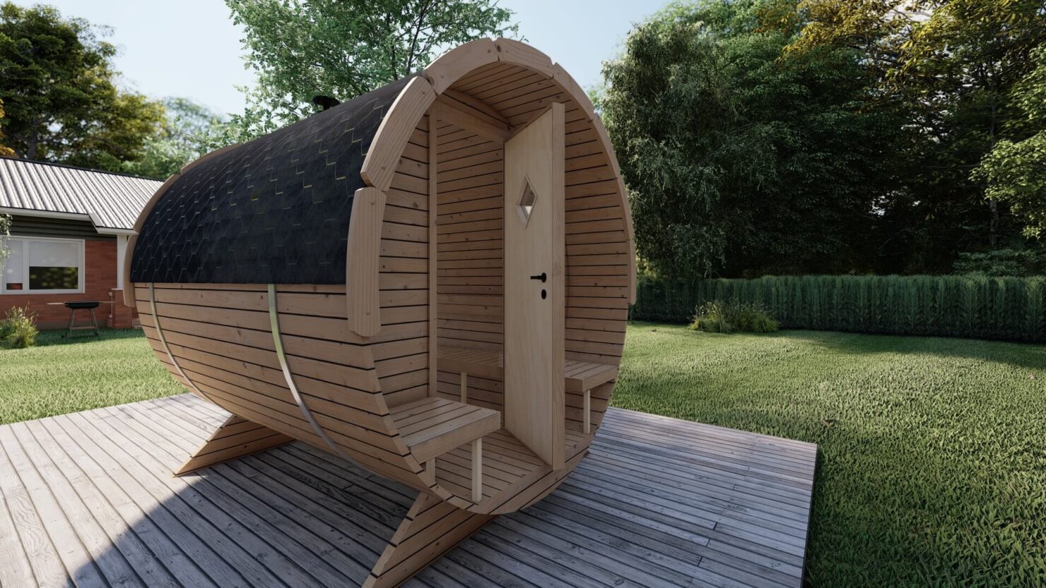 Apvali pirtis medžio spalvos su dviem langais 250 cm ilgio - Timberrest ...