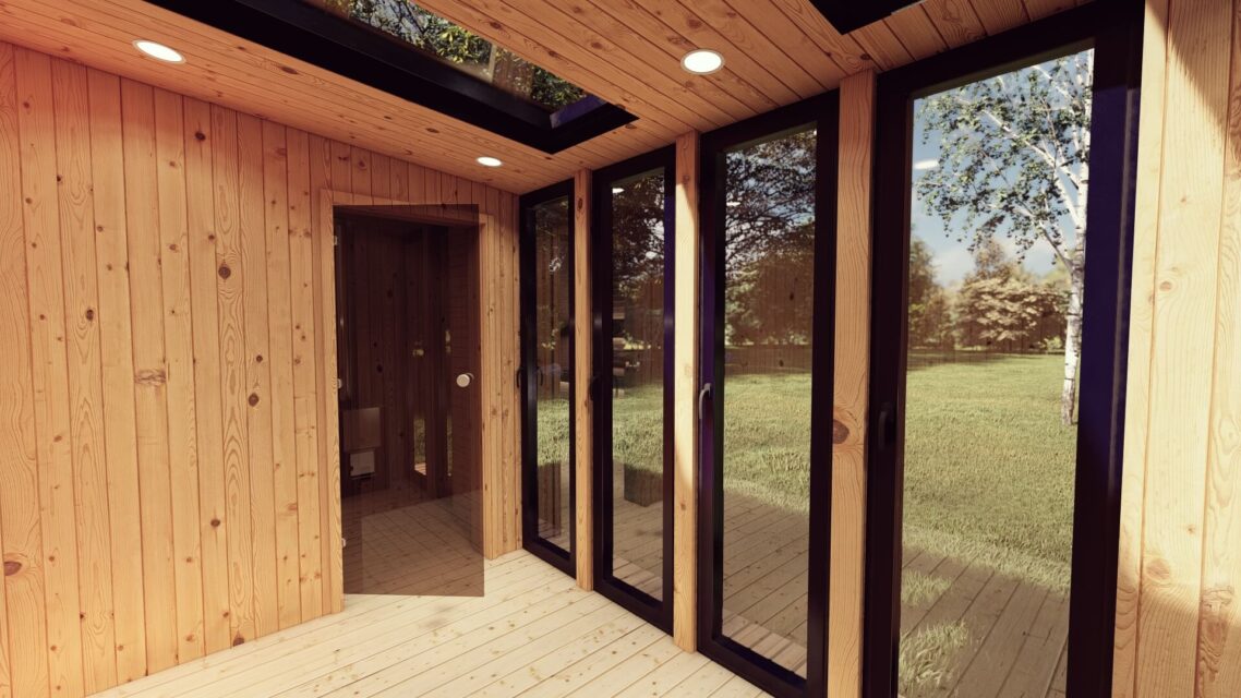 Wooden XL-sized frame sauna with many windows and skylights 245 x 600 / ...