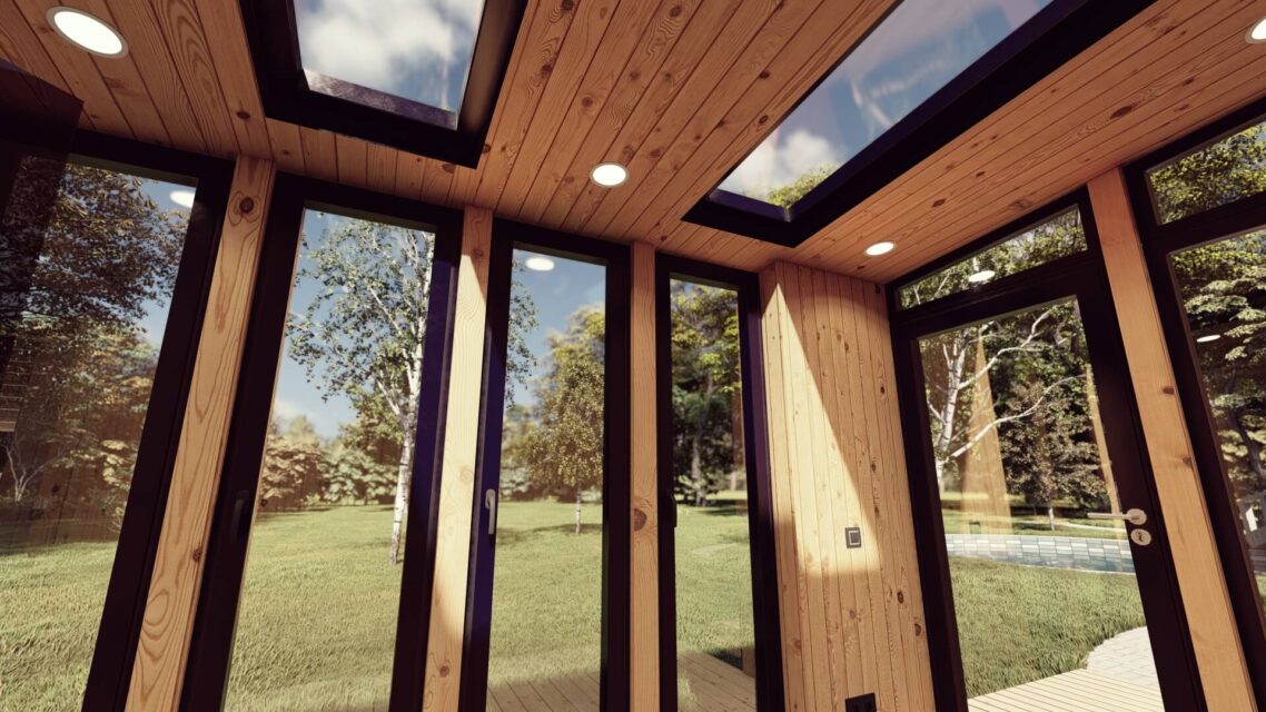 Wooden XL-sized frame sauna with many windows and skylights 245 x 600 / ...