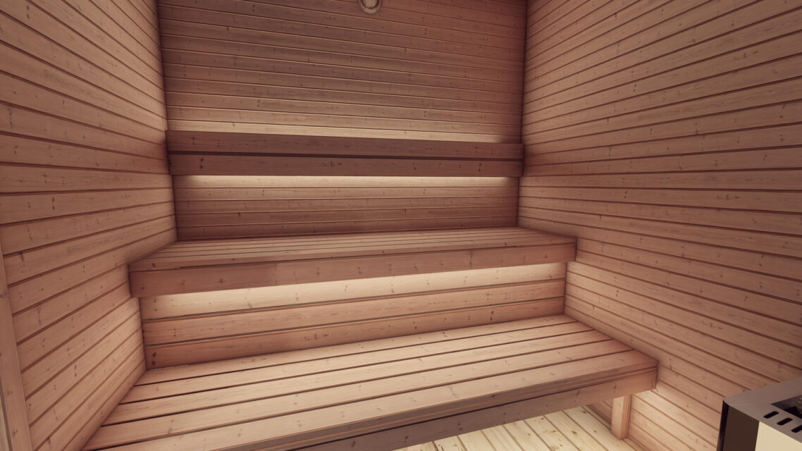 Wooden XL-sized frame sauna with many windows and skylights 245 x 600 / ...