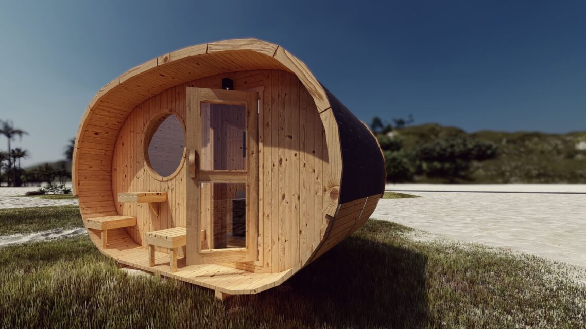 Elipsės formos medinė pirtis su terasa, priešpirčiu, apvaliu langu ...