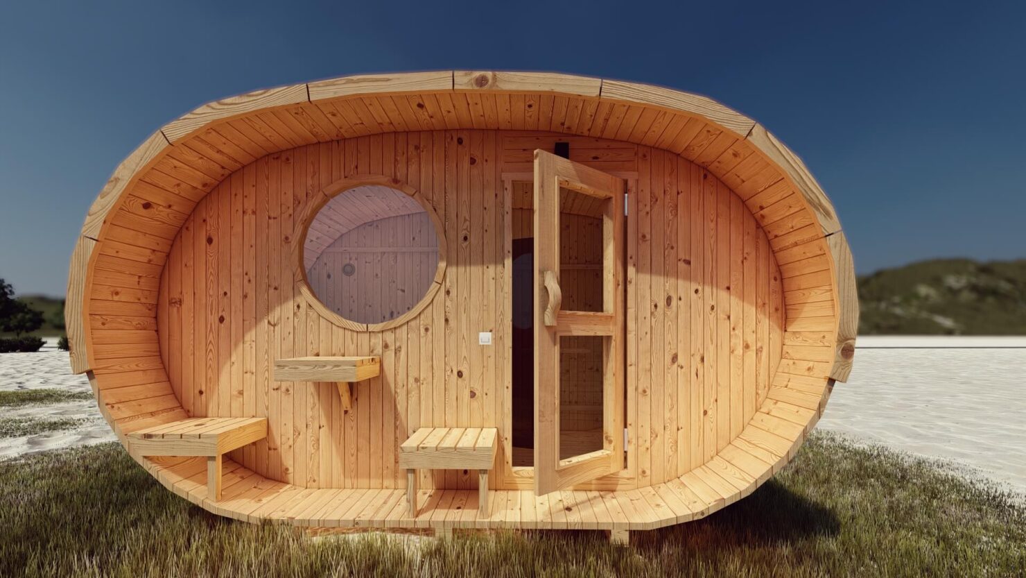 Elipsės formos medinė pirtis su terasa, priešpirčiu, apvaliu langu ...