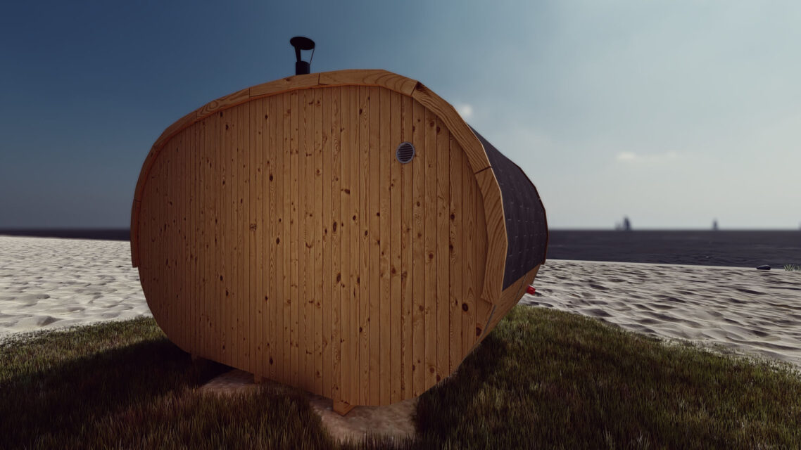 Elipsės formos medinė pirtis su terasa, priešpirčiu, apvaliu langu ...