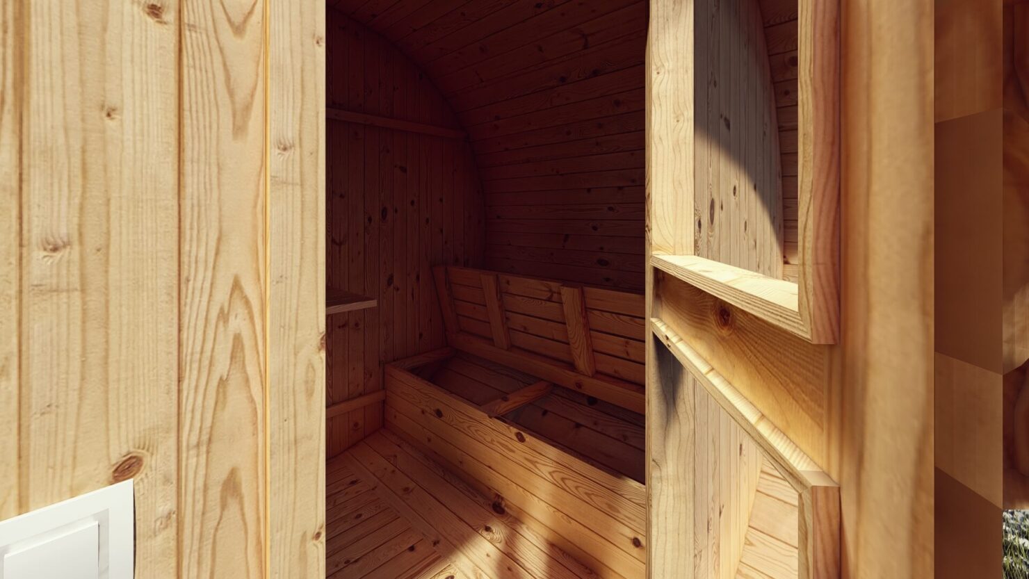 Elipsės formos medinė pirtis su terasa, priešpirčiu, apvaliu langu ...