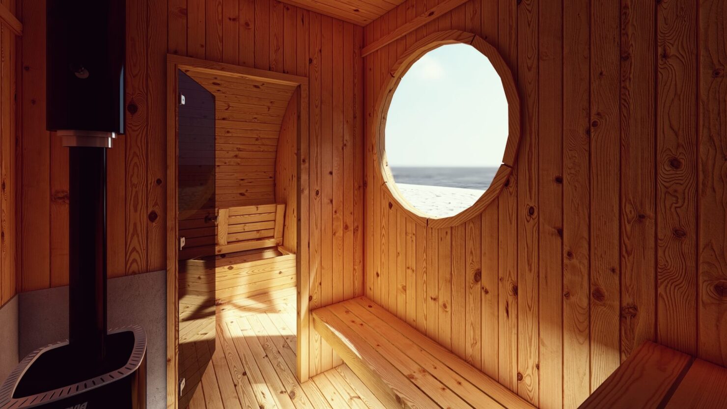 Elipsės formos medinė pirtis su terasa, priešpirčiu, apvaliu langu ...