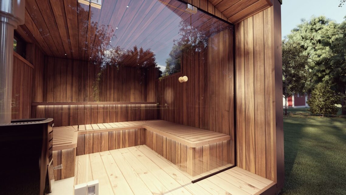 Wooden frame sauna with a small terrace and a two-level bed with ...