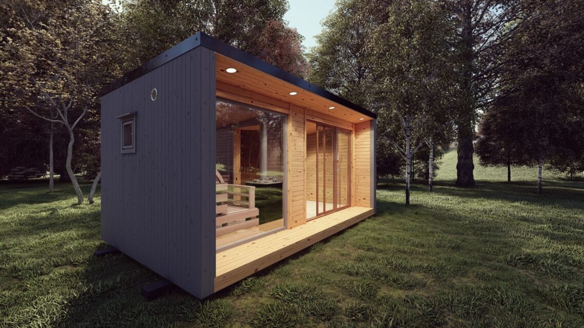 Wooden frame sauna with black details, terrace, sliding three-part ...