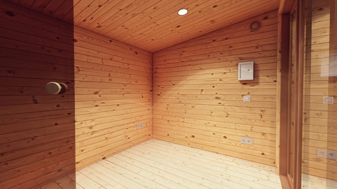 Wooden frame sauna with black details, terrace, sliding three-part ...