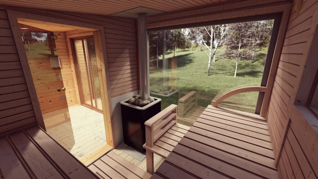 Wooden frame sauna with black details, terrace, sliding three-part ...