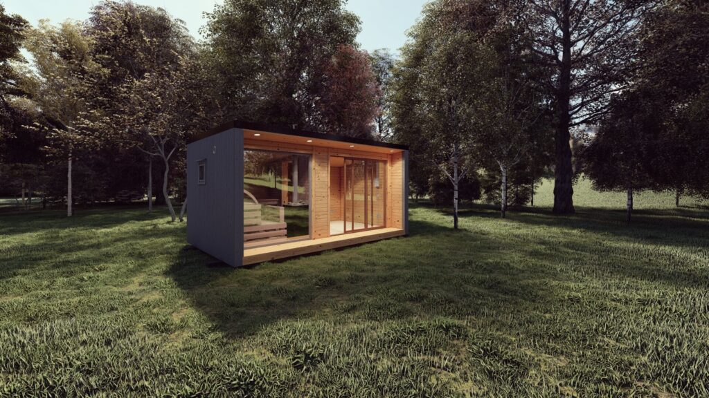 Wooden frame sauna with black details, terrace, sliding three-part ...