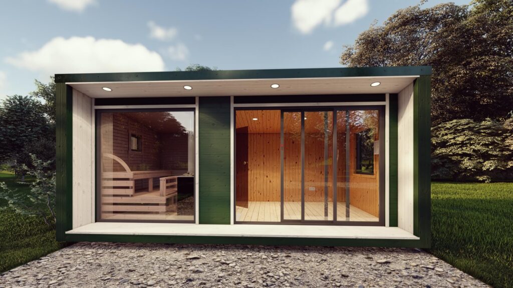 Wooden frame sauna, painted in green with white details, with a terrace ...