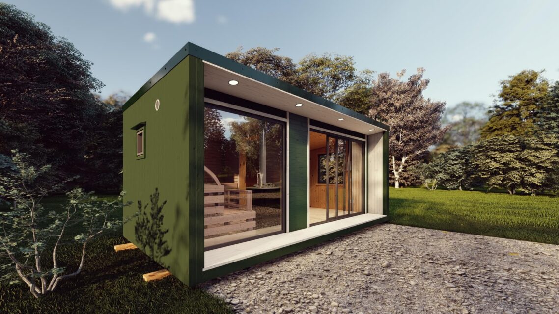 Wooden frame sauna, painted in green with white details, with a terrace ...