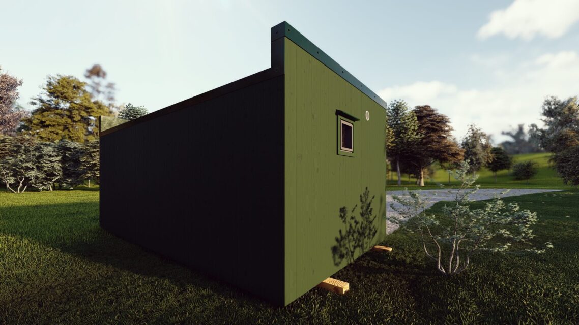 Wooden frame sauna, painted in green with white details, with a terrace ...