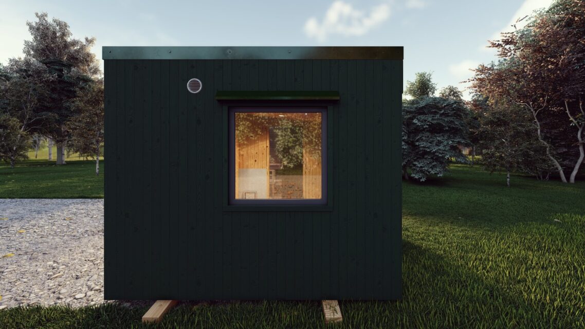 Wooden frame sauna, painted in green with white details, with a terrace ...
