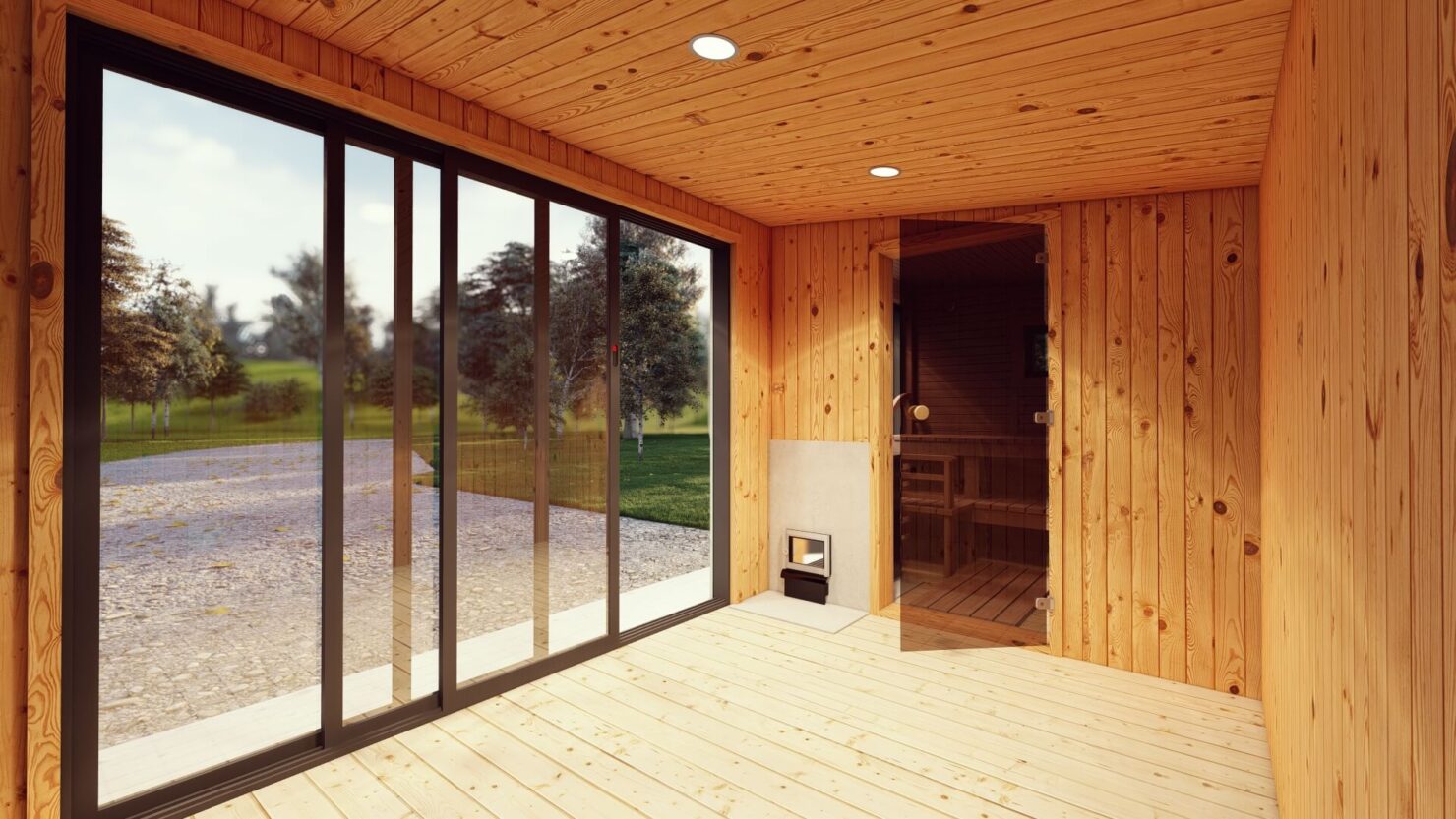Wooden frame sauna, painted in green with white details, with a terrace ...