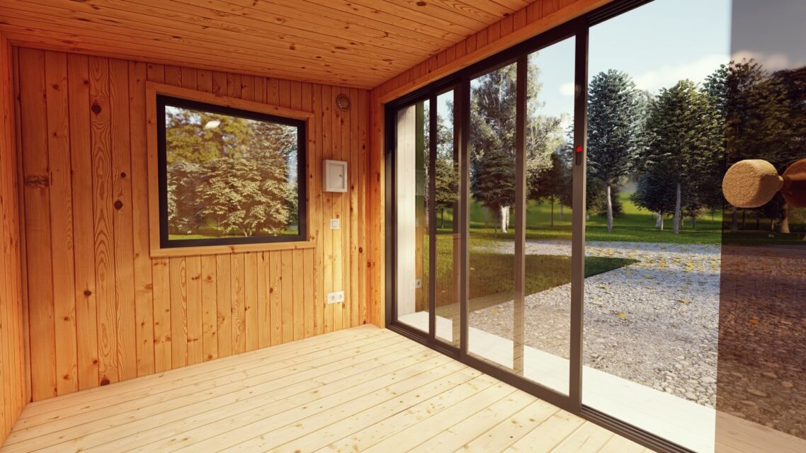 Wooden frame sauna, painted in green with white details, with a terrace ...