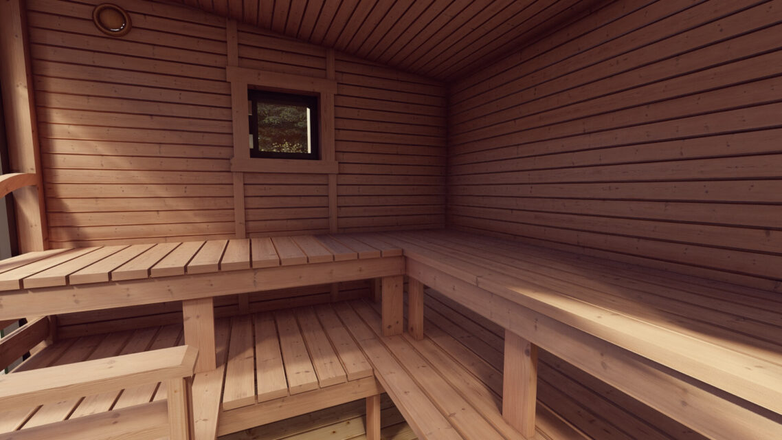 Wooden frame sauna, painted in green with white details, with a terrace ...