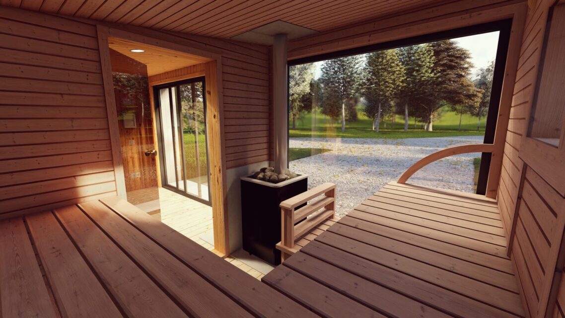 Wooden frame sauna, painted in green with white details, with a terrace ...