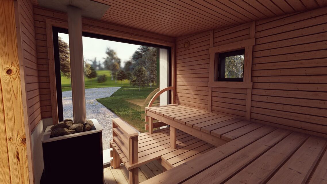 Wooden frame sauna, painted in green with white details, with a terrace ...