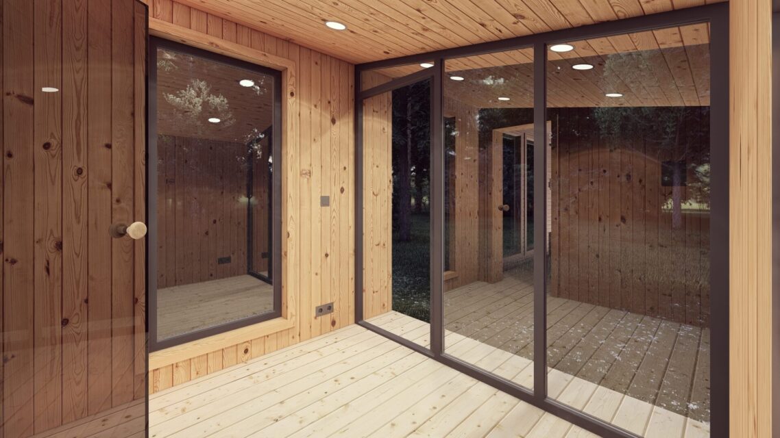XL-sized wooden frame sauna with a small terrace, a porch, and many ...