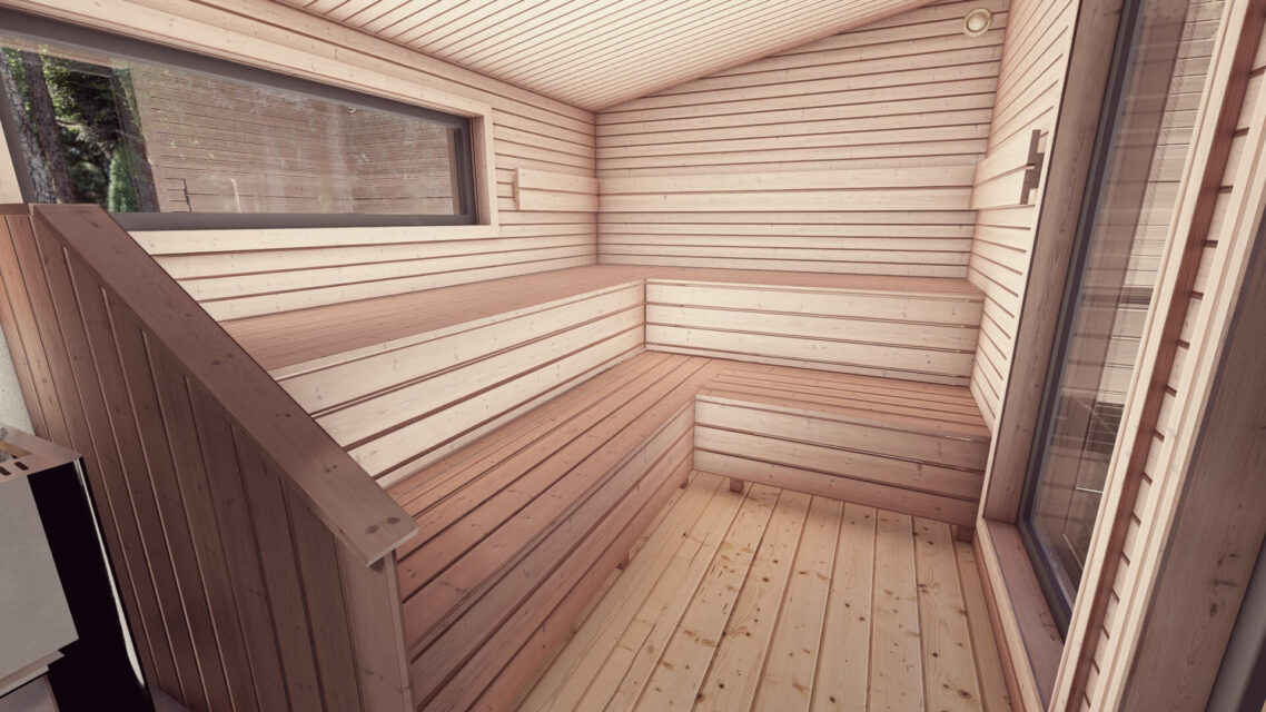 XL-sized wooden frame sauna with a small terrace, a porch, and many ...