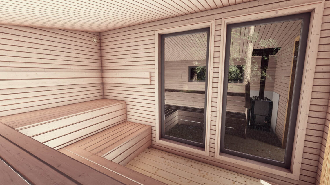 XL-sized wooden frame sauna with a small terrace, a porch, and many ...