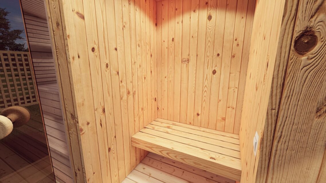 Wooden frame sauna with a terrace, an outdoor shower, a porch, and ...