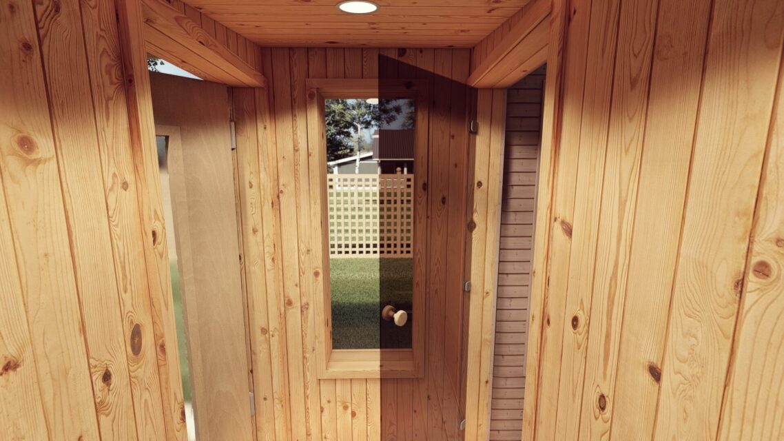 Wooden frame sauna with a terrace, an outdoor shower, a porch, and ...