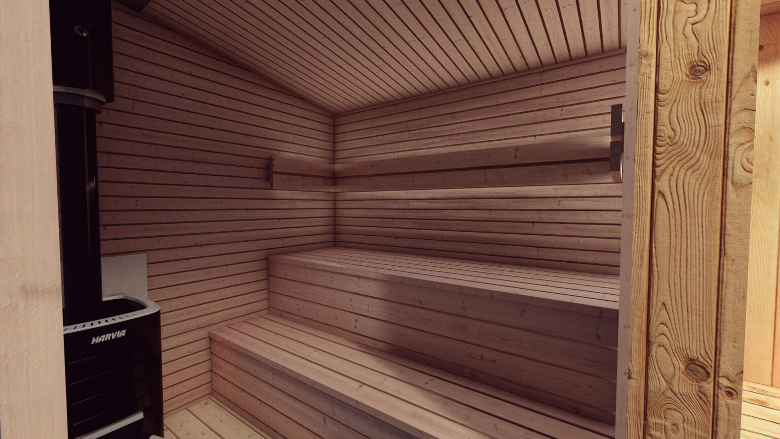 Wooden frame sauna with a terrace, an outdoor shower, a porch, and ...