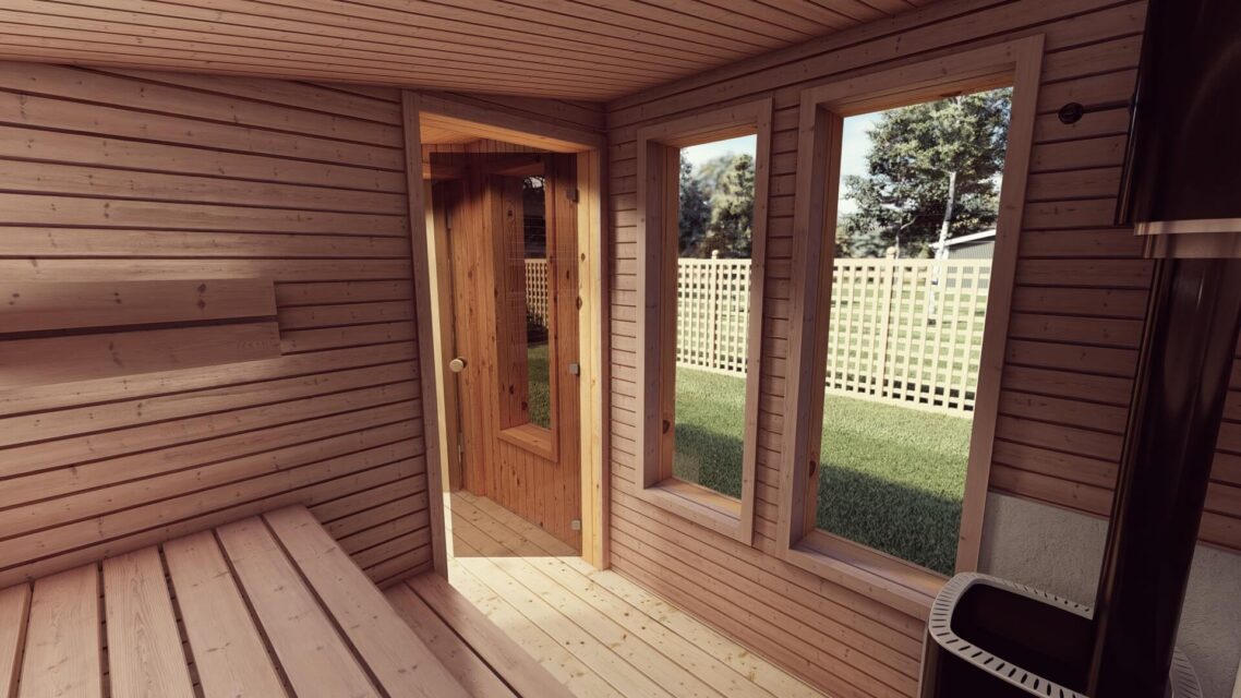 Wooden frame sauna with a terrace, an outdoor shower, a porch, and ...