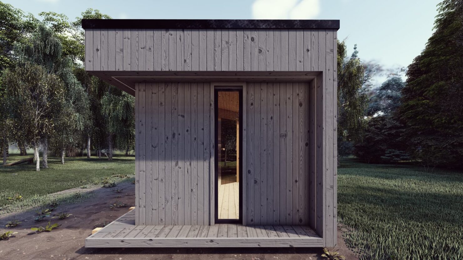 Medinė karkasinė pirtis su nedidele kampine terasa, paslėptu nuožulniu ...