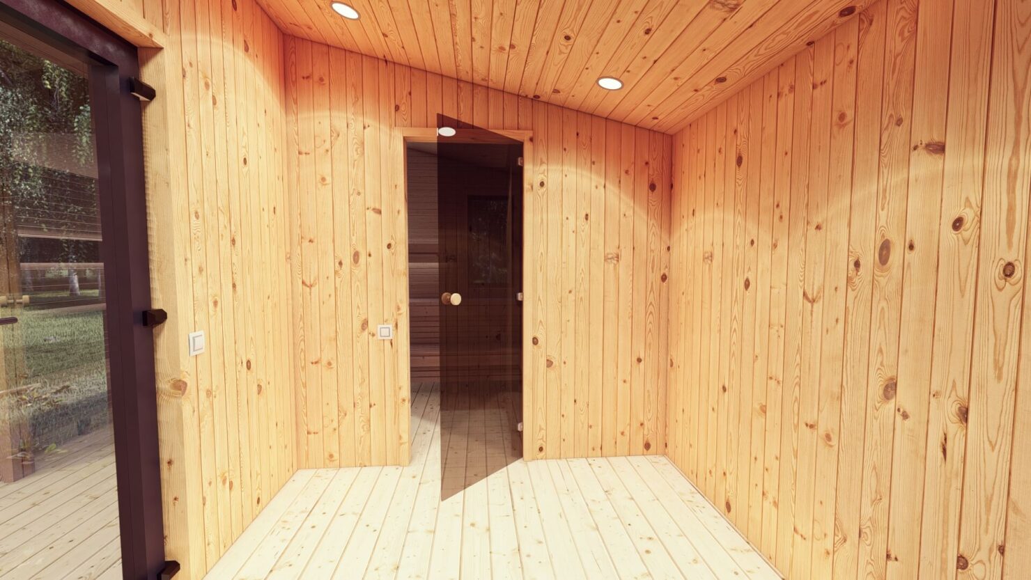 Medinė karkasinė pirtis su nedidele kampine terasa, paslėptu nuožulniu ...