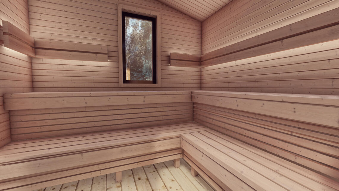 Wooden frame sauna with a small corner terrace, hidden under a sloping ...