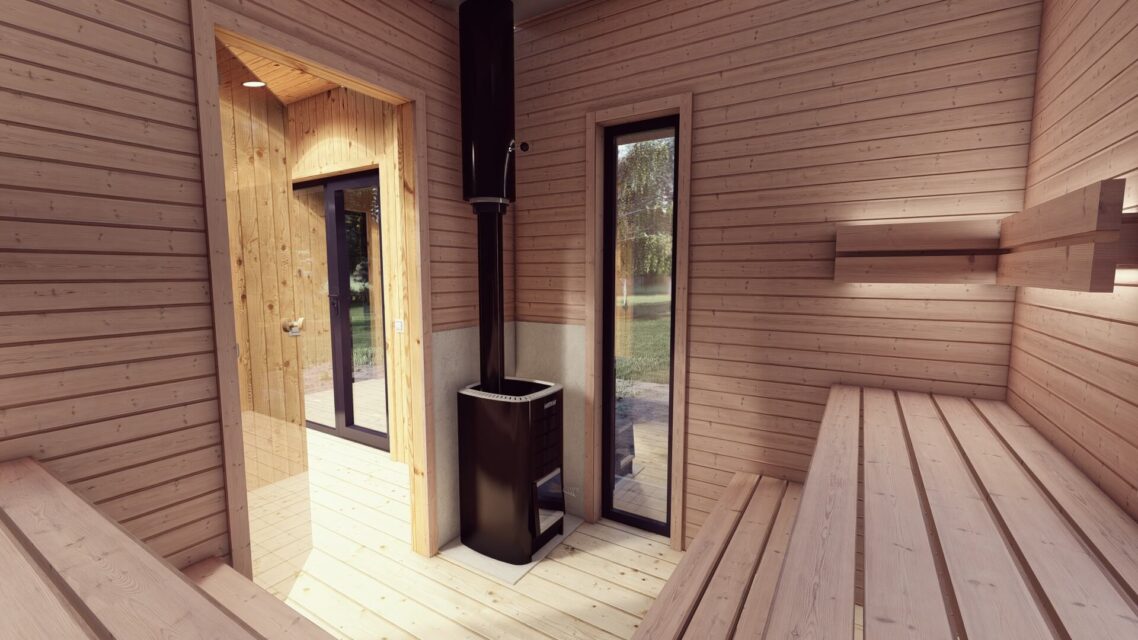 Wooden frame sauna with a small corner terrace, hidden under a sloping ...