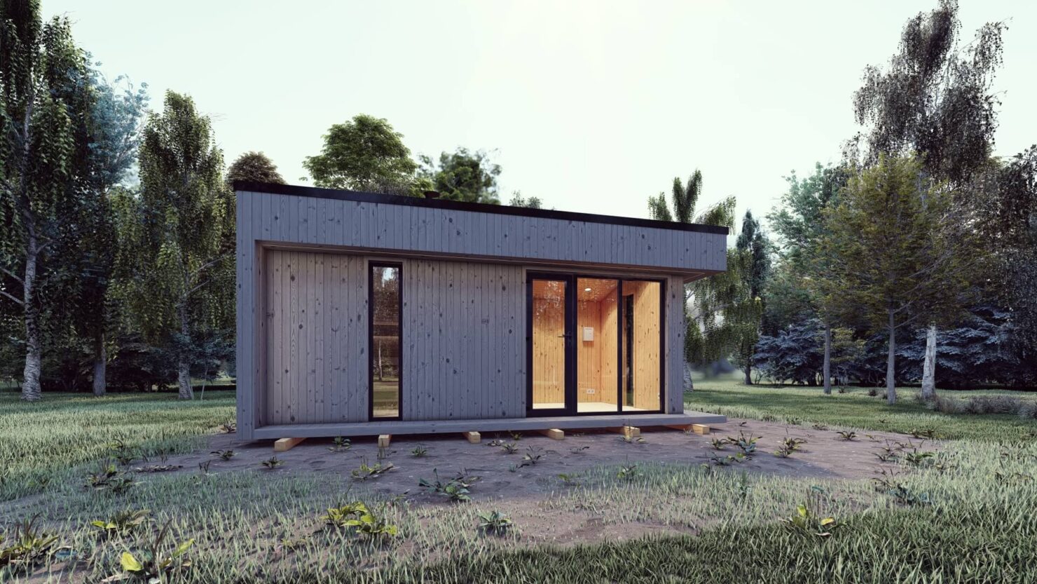 Medinė karkasinė pirtis su nedidele kampine terasa, paslėptu nuožulniu ...