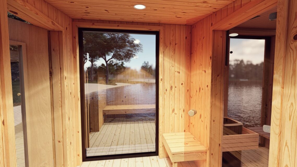 Wooden frame sauna with a pitched roof, porch, and sauna area with ...