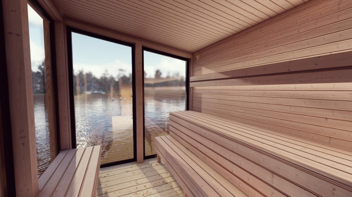 Wooden frame sauna with a pitched roof, porch, and sauna area with ...