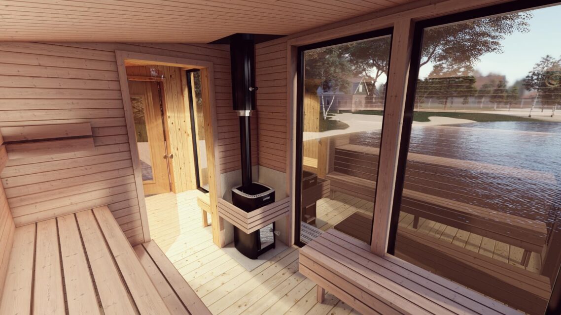 Wooden frame sauna with a pitched roof, porch, and sauna area with ...