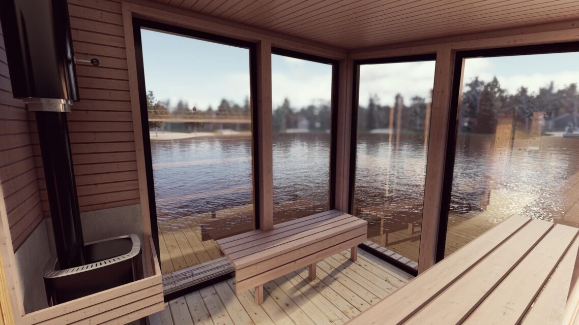 Wooden frame sauna with a pitched roof, porch, and sauna area with ...