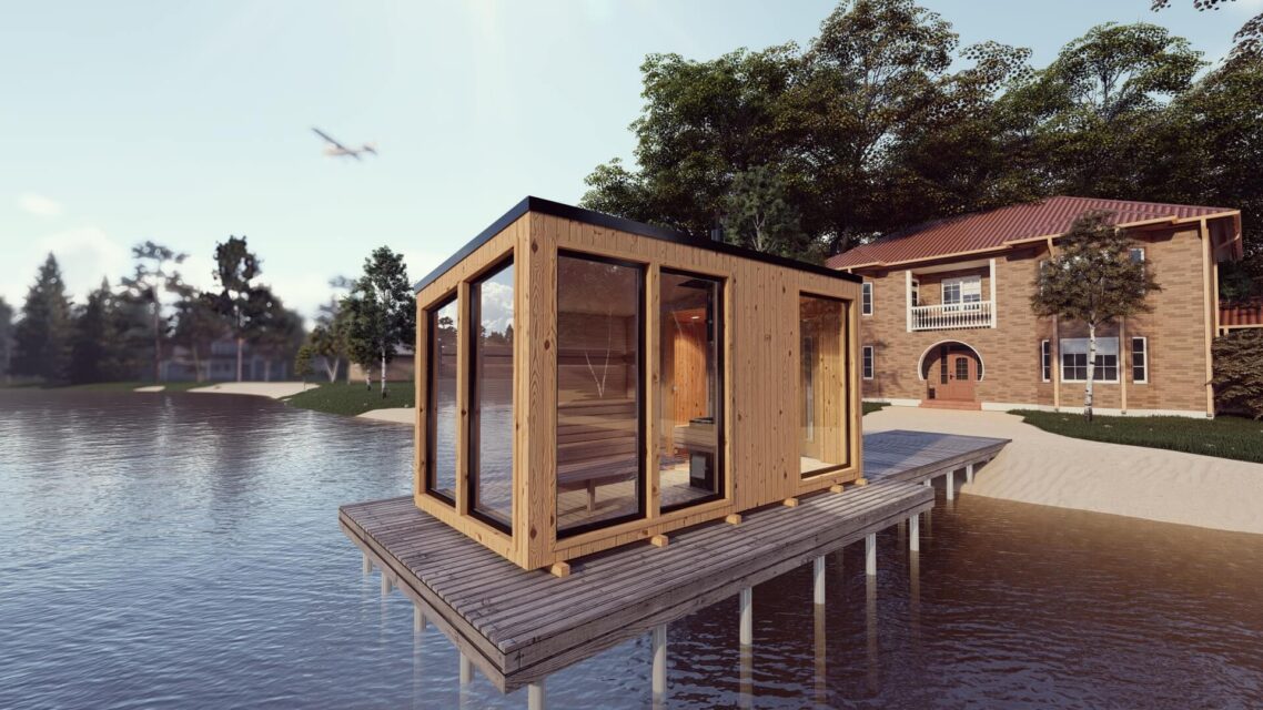 Wooden frame sauna with a pitched roof, porch, and sauna area with ...