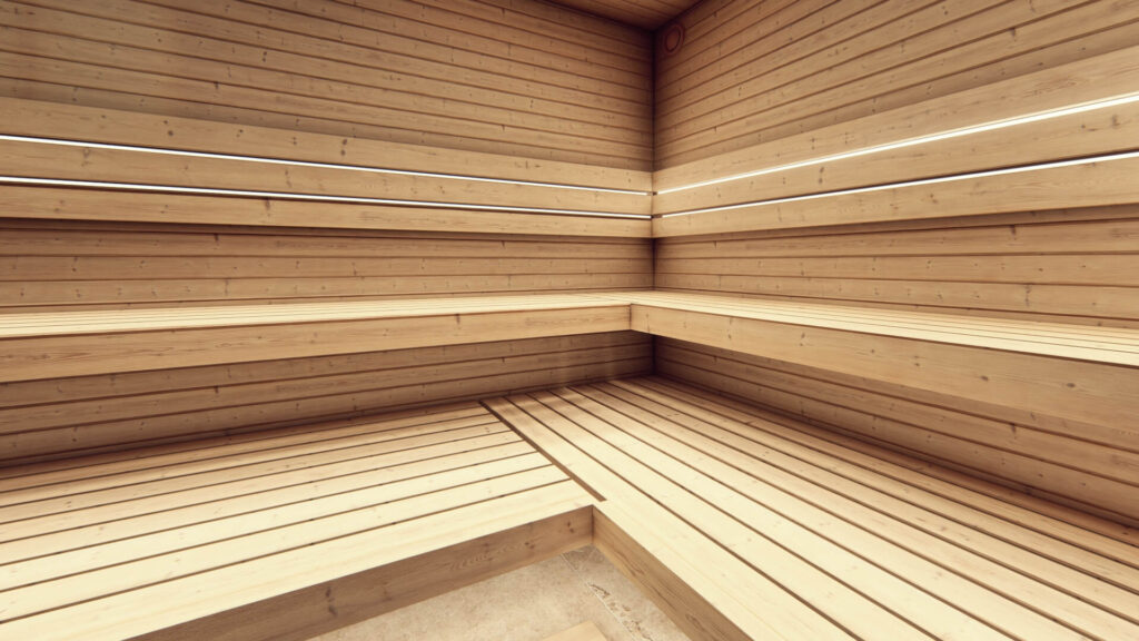 Luxury rectangular sauna with a tinted glass window and LED lighting in ...