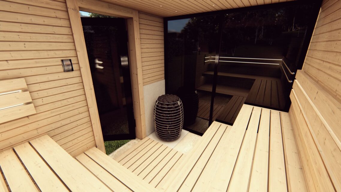 Luxury rectangular sauna with a tinted glass window and LED lighting in ...
