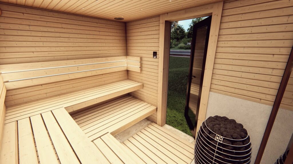 Luxury rectangular sauna with a tinted glass window and LED lighting in ...